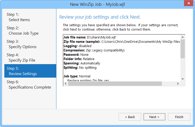 Review Settings (WinZip Job Wizard)